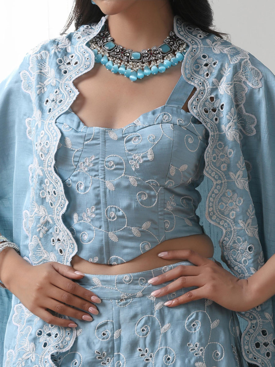 Buy 3 Pc Set - Blue Prf't Lux Corset, Plazzo and Jacket Schffli Set with All Over Embroidery ...