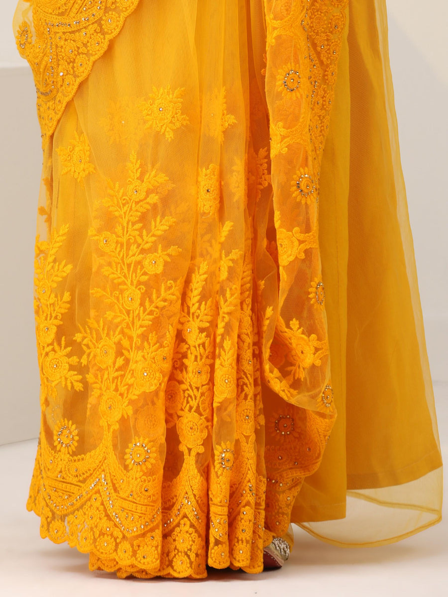 Yellow Net Saree with All over Thick Scallop Embroidery and Shiny Dots ...