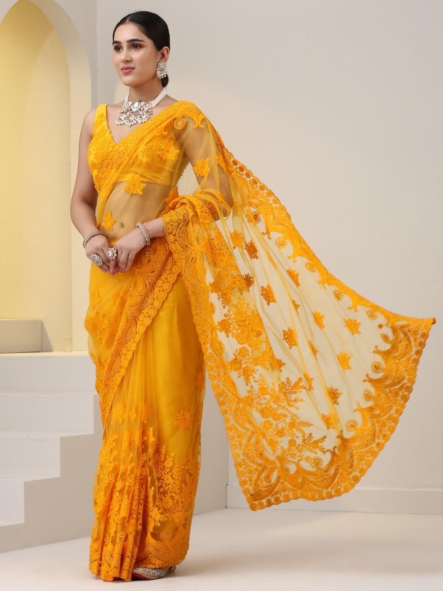 Yellow Net Saree with All over Thick Scallop Embroidery and Shiny Dots ...