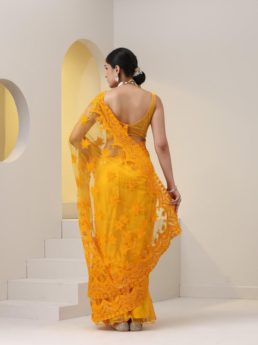 Yellow Net Saree with All over Thick Scallop Embroidery and Shiny Dots ...