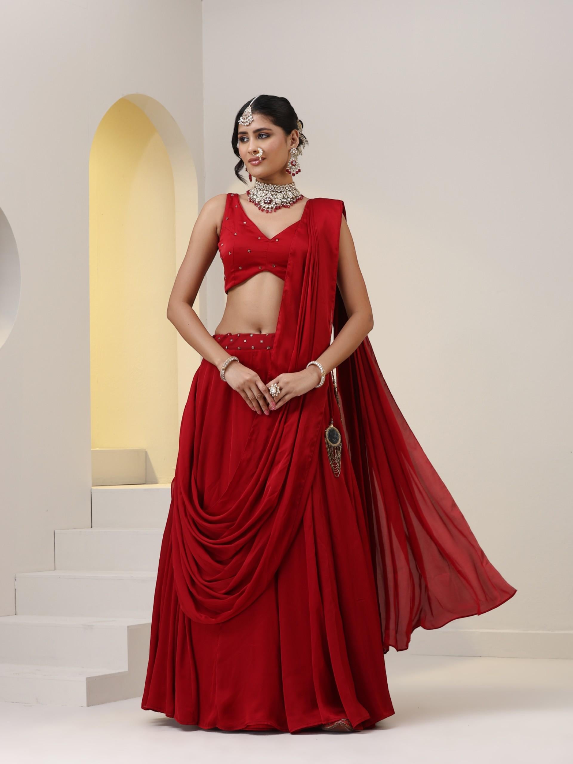 Milano Red Satin Skirt saree with Pallu with Beads on Waist-Band and B