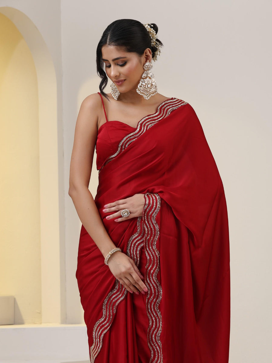 Milano Red Satin Saree with Hand embroidery with Blouse Fabric – Swtantra