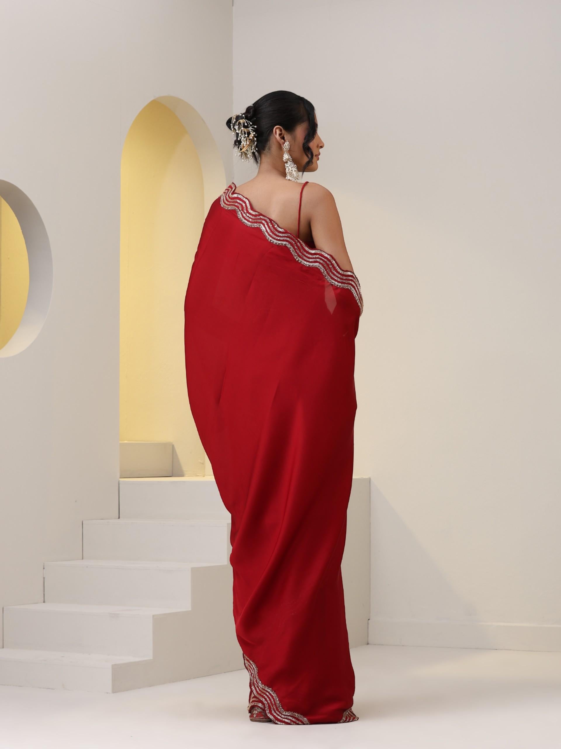 Milano Red Satin Saree with Hand embroidery with Blouse Fabric