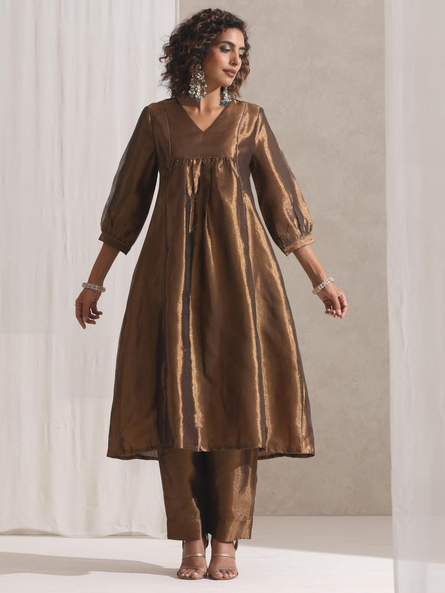 Women's Burnt Topaz Banarasi Tissue Kurta with Pyjama 2 Piece Set | St ...