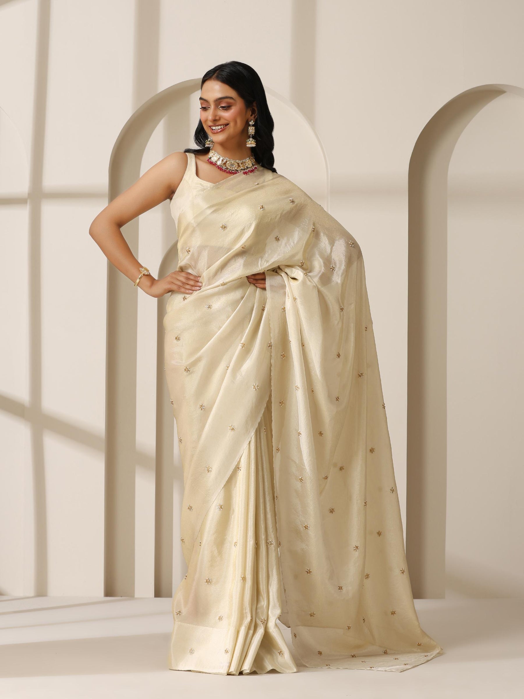Buy Pure Tissue Hand Beaded Fully Embroidered Saree with Tissue Blouse ...