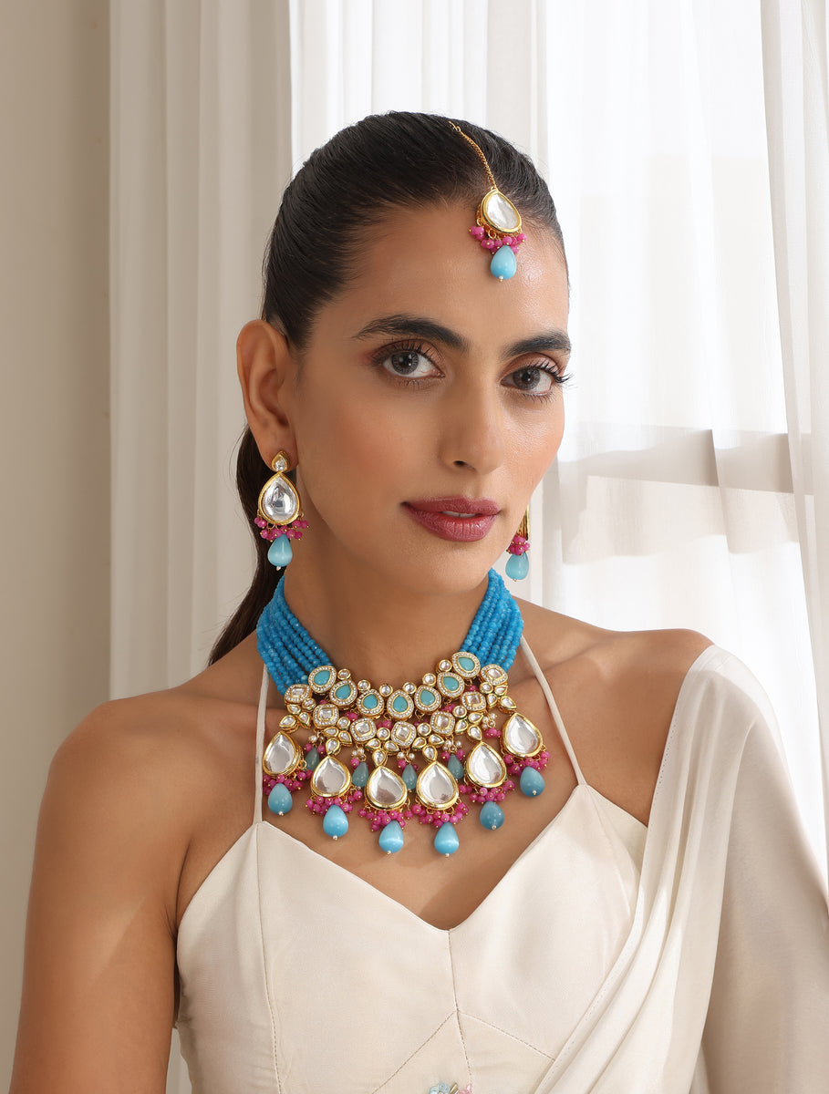 Firozi Color Back Side Meena Work Kundan Necklace, Earring and Maang T ...