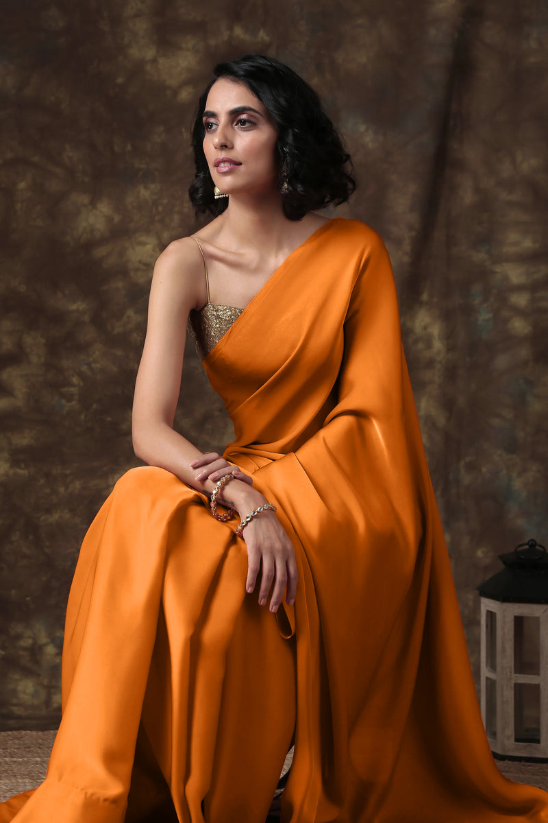 Exotic Tangerine Angel Satin Saree – Swtantra