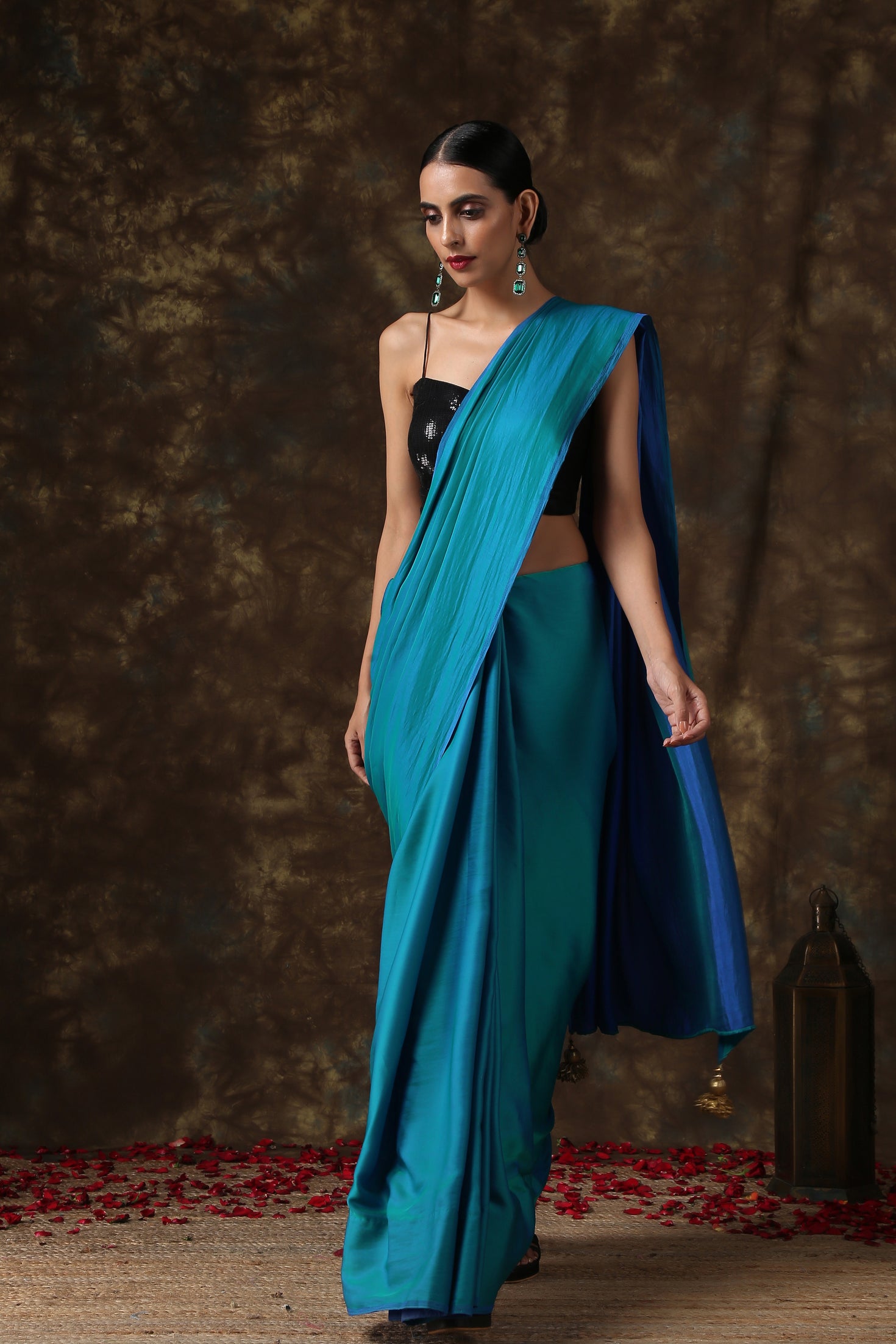 Frosted Sapphire Satin Saree – Swtantra