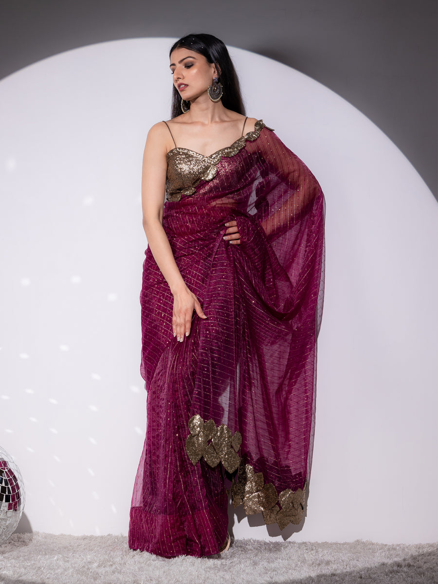 Falling leaves Sparkle Wine Saree – Swtantra