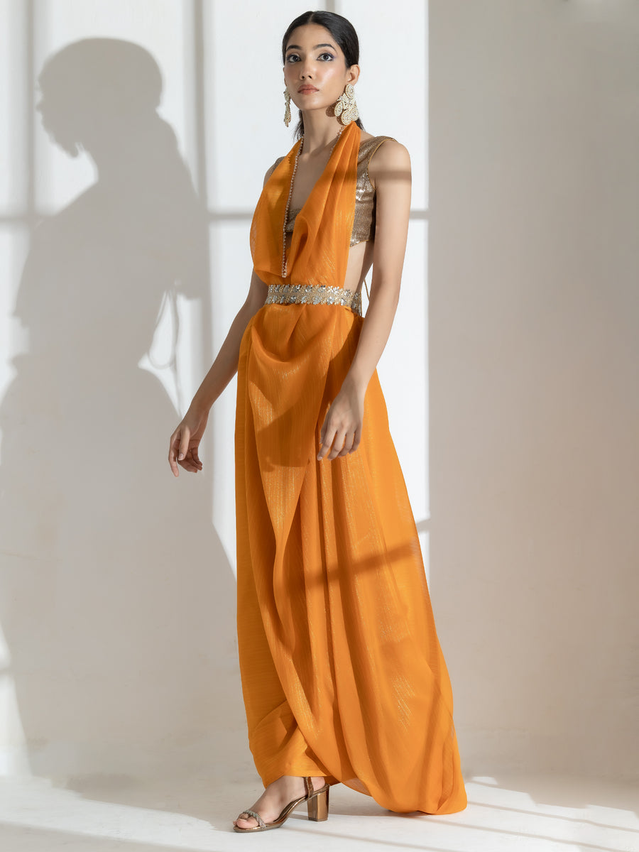 Tahiti yellow Gold texture Chiffon Saree with Beaded lace and Self Blo – Swtantra